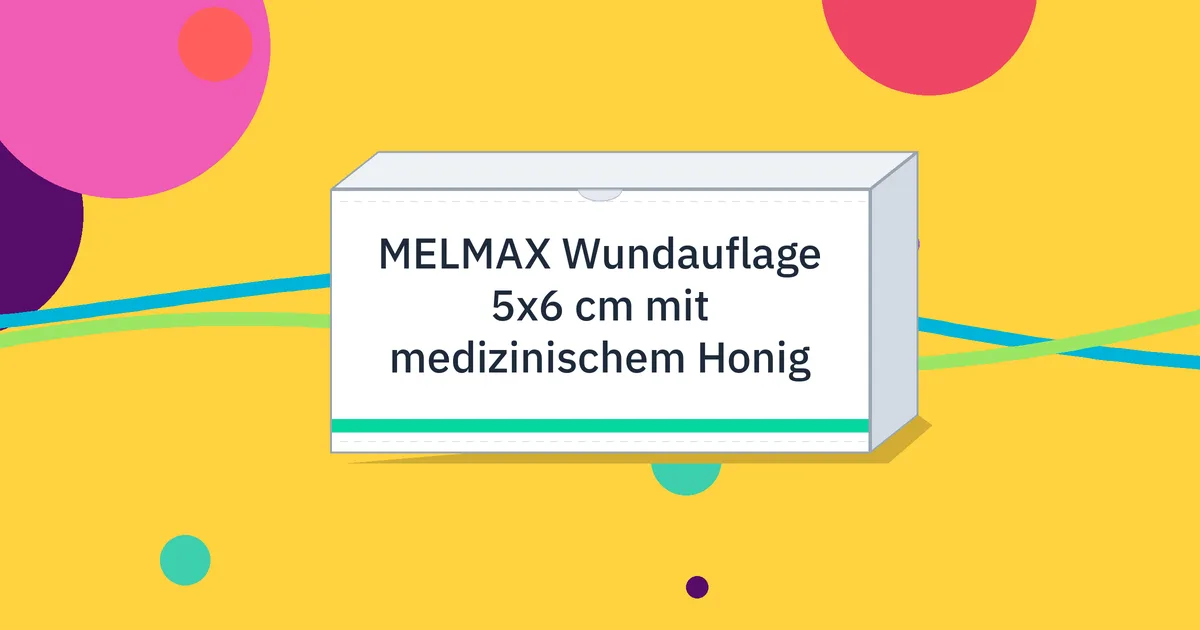 Symbolbild: Packung mit der Aufschrift MELMAX Wundauflage 5x6 cm mit medizinischem Honig (PZN 19958728) – Verfügbarkeit und Bezug in Apotheken in Frankfurt am Main
