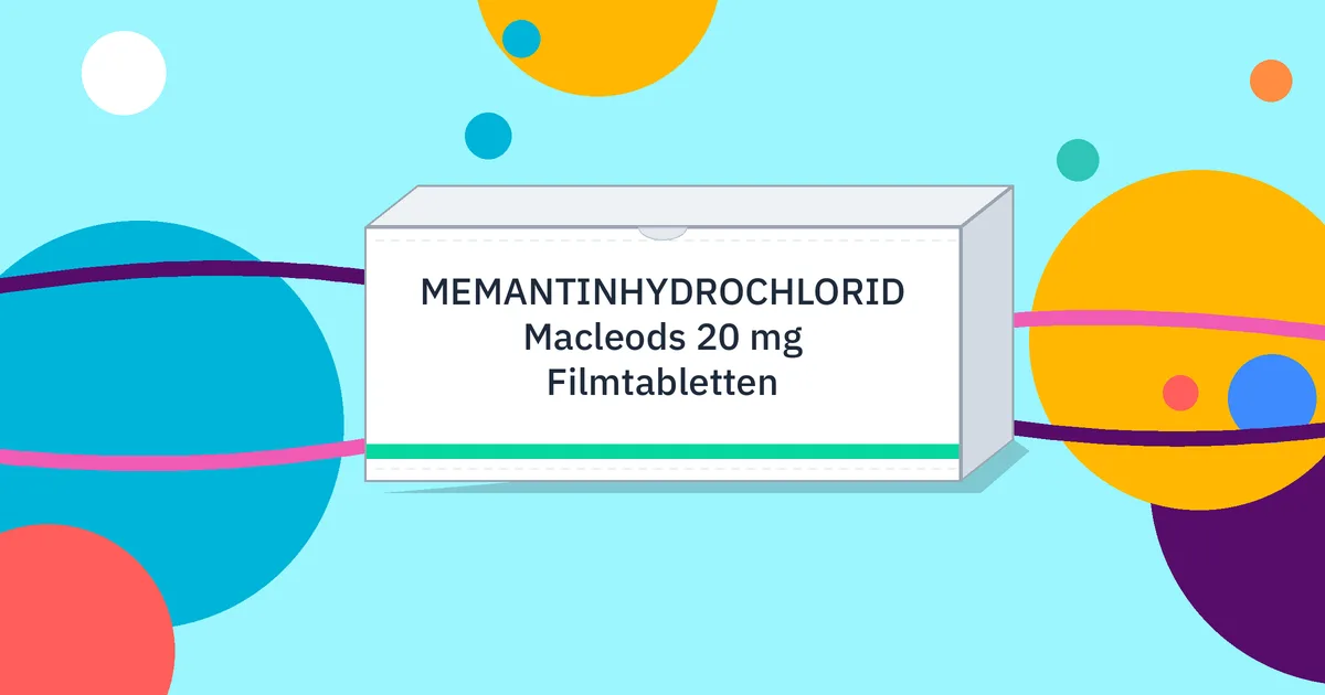 Symbolbild: Packung mit der Aufschrift MEMANTINHYDROCHLORID Macleods 20 mg Filmtabletten (PZN 18439400) – Verfügbarkeit und Bezug in Apotheken in Frankfurt am Main