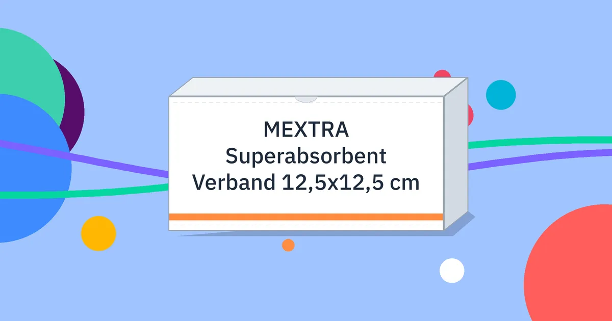Symbolbild: Packung mit der Aufschrift MEXTRA Superabsorbent Verband 12,5x12,5 cm (PZN 17252941) – Verfügbarkeit und Bezug in Apotheken in Frankfurt am Main
