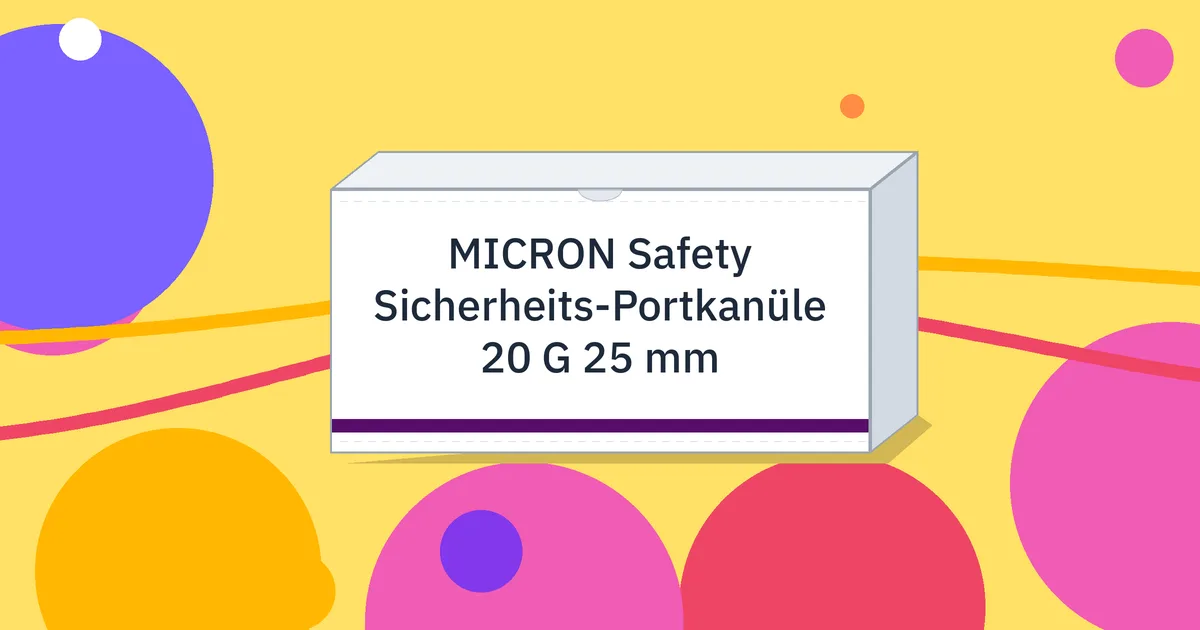 Symbolbild: Packung mit der Aufschrift MICRON Safety Sicherheits-Portkanüle 20 G 25 mm (PZN 19146309) – Verfügbarkeit und Bezug in Apotheken in Frankfurt am Main