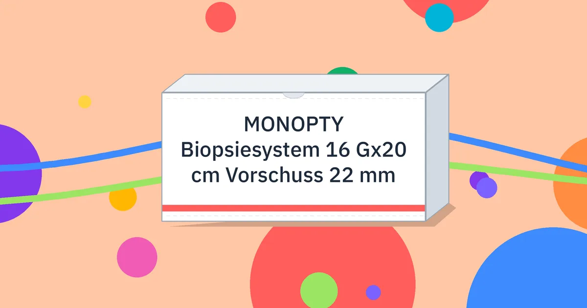 Symbolbild: Packung mit der Aufschrift MONOPTY Biopsiesystem 16 Gx20 cm Vorschuss 22 mm (PZN 03469737) – Verfügbarkeit und Bezug in Apotheken in Frankfurt am Main