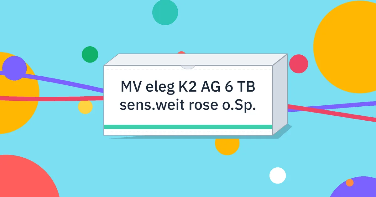 Symbolbild: Packung mit der Aufschrift MV eleg K2 AG 6 TB sens.weit rose o.Sp. (PZN 14699682) – Verfügbarkeit und Bezug in Apotheken in Frankfurt am Main