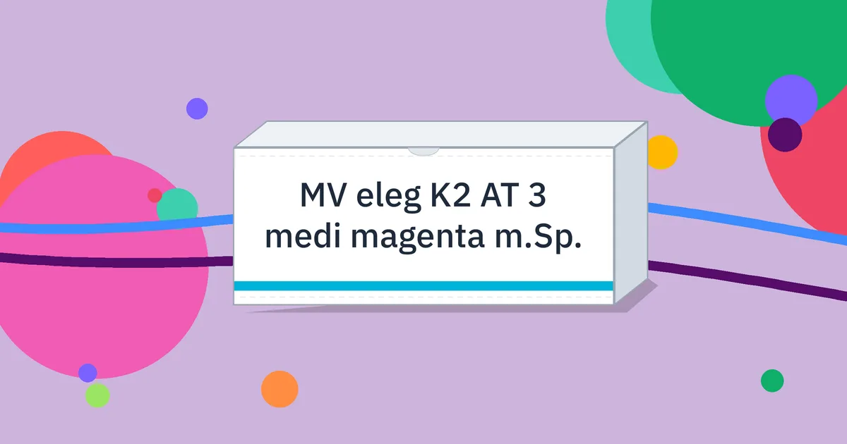 Symbolbild: Packung mit der Aufschrift MV eleg K2 AT 3 medi magenta m.Sp. (PZN 14625867) – Verfügbarkeit und Bezug in Apotheken in Frankfurt am Main