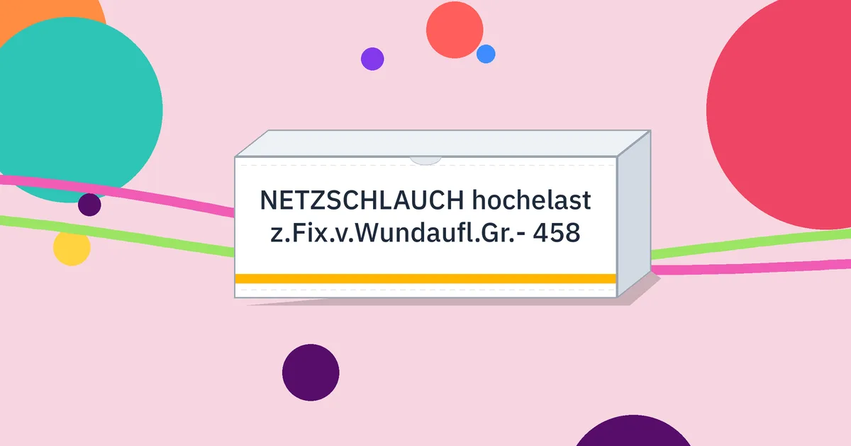Symbolbild: Packung mit der Aufschrift NETZSCHLAUCH hochelast z.Fix.v.Wundaufl.Gr.- 458 (PZN 04303890) – Verfügbarkeit und Bezug in Apotheken in Frankfurt am Main