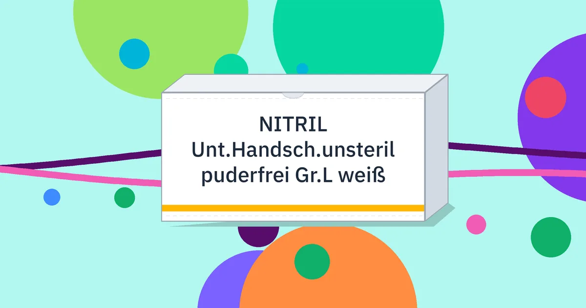 Symbolbild: Packung mit der Aufschrift NITRIL Unt.Handsch.unsteril puderfrei Gr.L weiß (PZN 13351072) – Verfügbarkeit und Bezug in Apotheken in Frankfurt am Main
