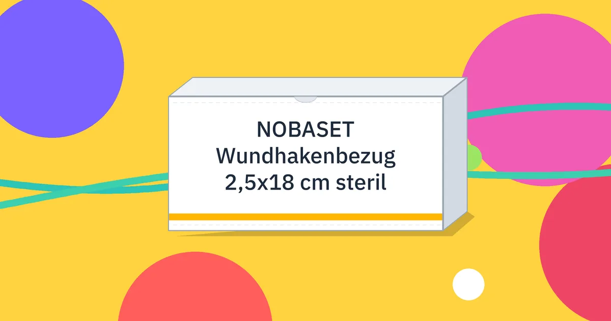 Symbolbild: Packung mit der Aufschrift NOBASET Wundhakenbezug 2,5x18 cm steril (PZN 18313981) – Verfügbarkeit und Bezug in Apotheken in Frankfurt am Main