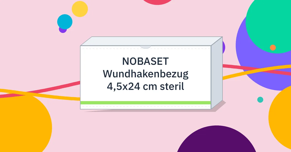 Symbolbild: Packung mit der Aufschrift NOBASET Wundhakenbezug 4,5x24 cm steril (PZN 18367882) – Verfügbarkeit und Bezug in Apotheken in Frankfurt am Main