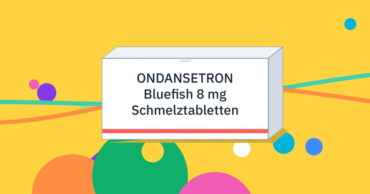 Symbolbild: Packung mit der Aufschrift ONDANSETRON Bluefish 8 mg Schmelztabletten (PZN 18806560) – Verfügbarkeit und Bezug in Apotheken in Frankfurt am Main