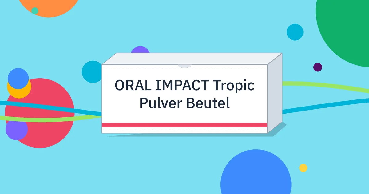 Symbolbild: Packung mit der Aufschrift ORAL IMPACT Tropic Pulver Beutel (PZN 08811844) – Verfügbarkeit und Bezug in Apotheken in Frankfurt am Main