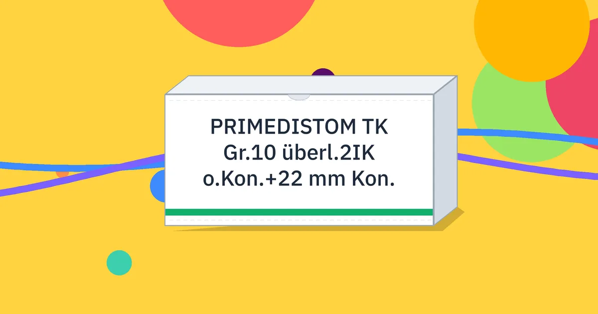 Symbolbild: Packung mit der Aufschrift PRIMEDISTOM TK Gr.10 überl.2IK o.Kon.+22 mm Kon. (PZN 10266360) – Verfügbarkeit und Bezug in Apotheken in Frankfurt am Main