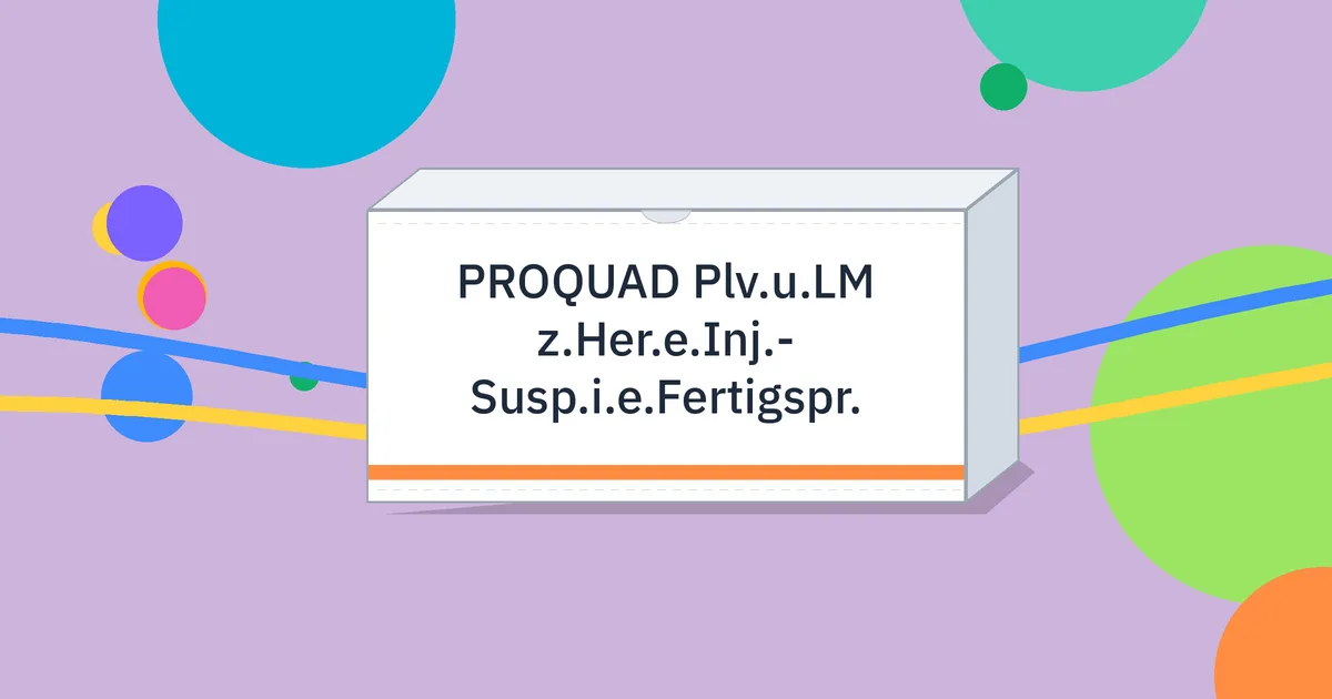 Symbolbild: Packung mit der Aufschrift PROQUAD Plv.u.LM z.Her.e.Inj.-Susp.i.e.Fertigspr. (PZN 01850580) – Verfügbarkeit und Bezug in Apotheken in Frankfurt am Main