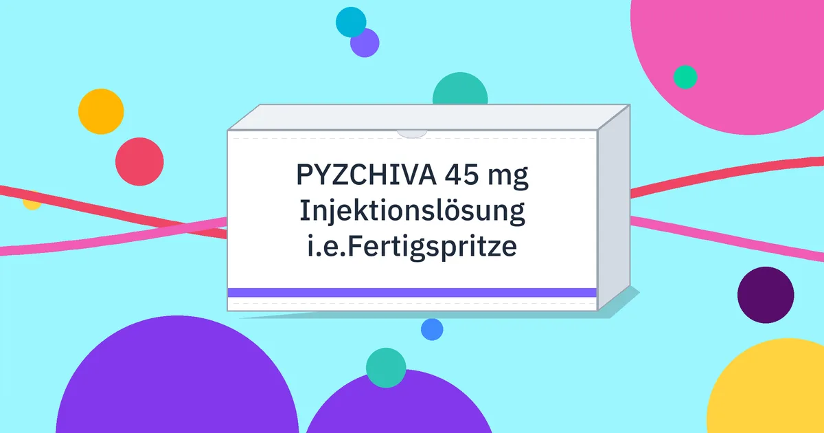 Symbolbild: Packung mit der Aufschrift PYZCHIVA 45 mg Injektionslösung i.e.Fertigspritze (PZN 19965438) – Verfügbarkeit und Bezug in Apotheken in Frankfurt am Main