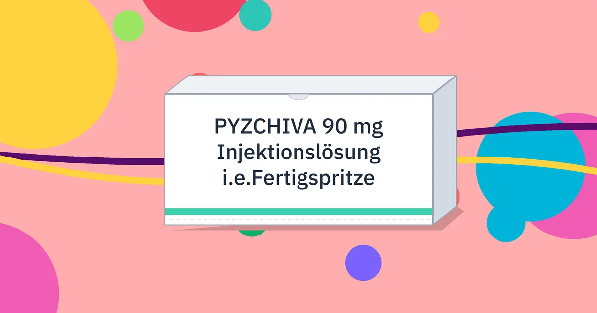 Symbolbild: Packung mit der Aufschrift PYZCHIVA 90 mg Injektionslösung i.e.Fertigspritze (PZN 19743755) – Verfügbarkeit und Bezug in Apotheken in Frankfurt am Main