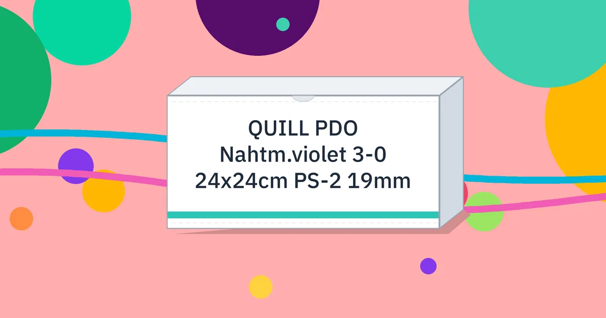 Symbolbild: Packung mit der Aufschrift QUILL PDO Nahtm.violet 3-0 24x24cm PS-2 19mm (PZN 17989601) – Verfügbarkeit und Bezug in Apotheken in Frankfurt am Main