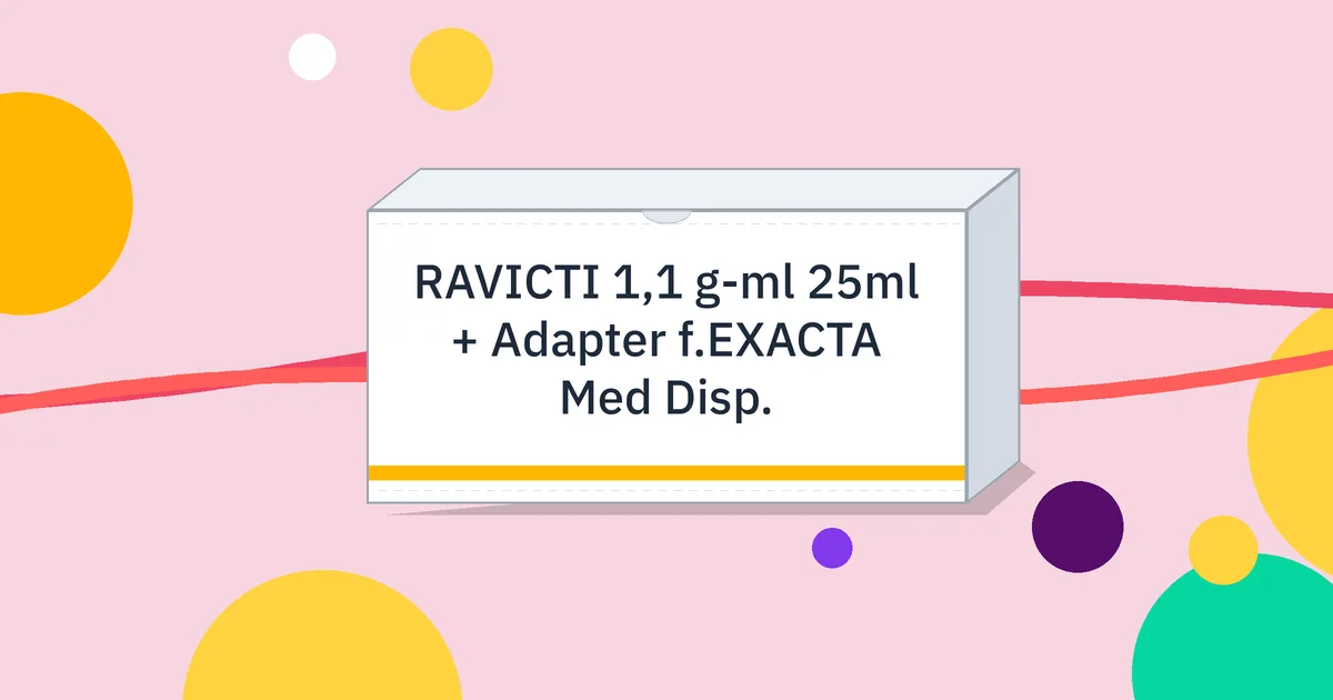 Symbolbild: Packung mit der Aufschrift RAVICTI 1,1 g-ml 25ml + Adapter f.EXACTA Med Disp. (PZN 19708776) – Verfügbarkeit und Bezug in Apotheken in Frankfurt am Main