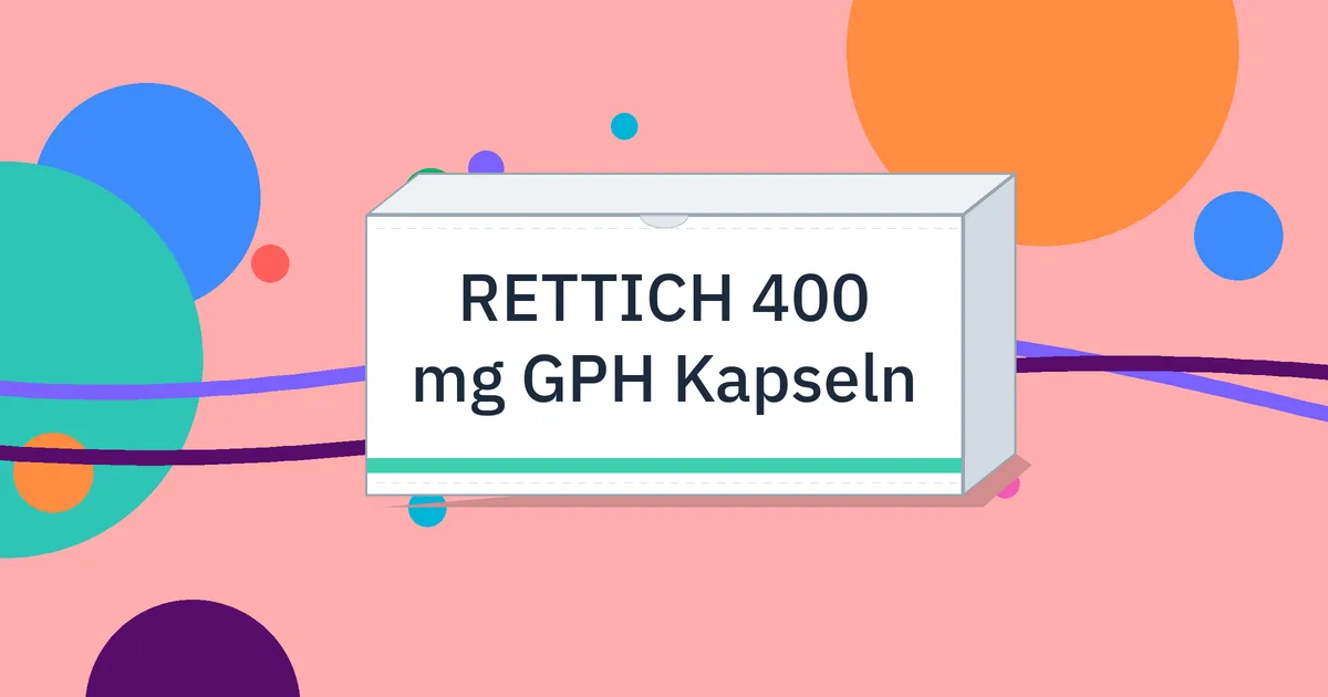 Symbolbild: Packung mit der Aufschrift RETTICH 400 mg GPH Kapseln (PZN 00129610) – Verfügbarkeit und Bezug in Apotheken in Frankfurt am Main