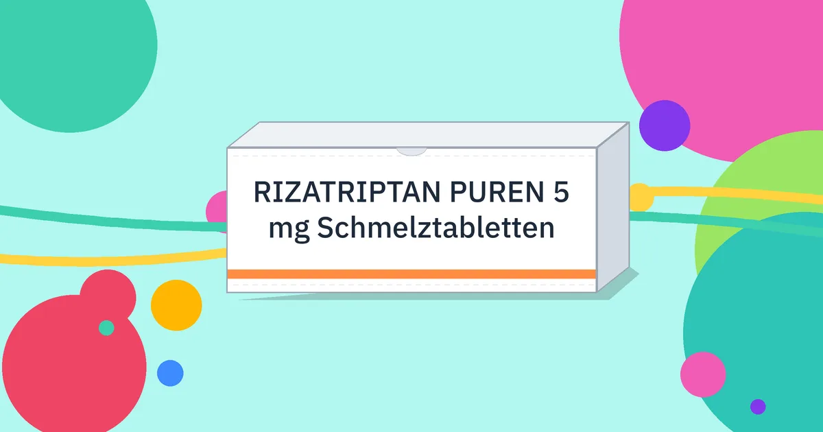 Symbolbild: Packung mit der Aufschrift RIZATRIPTAN PUREN 5 mg Schmelztabletten (PZN 14299184) – Verfügbarkeit und Bezug in Apotheken in Frankfurt am Main