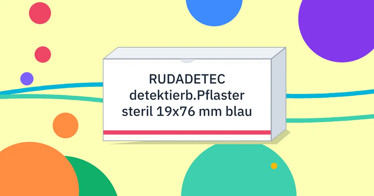 Symbolbild: Packung mit der Aufschrift RUDADETEC detektierb.Pflaster steril 19x76 mm blau (PZN 15879446) – Verfügbarkeit und Bezug in Apotheken in Frankfurt am Main