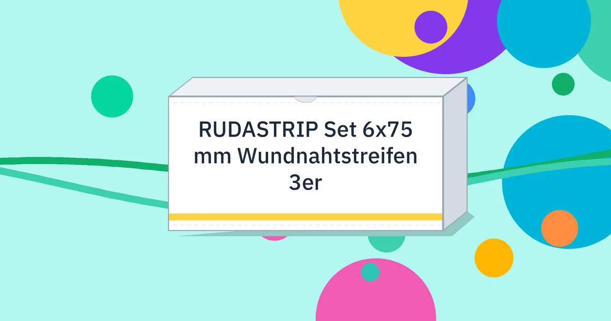 Symbolbild: Packung mit der Aufschrift RUDASTRIP Set 6x75 mm Wundnahtstreifen 3er (PZN 15893096) – Verfügbarkeit und Bezug in Apotheken in Frankfurt am Main