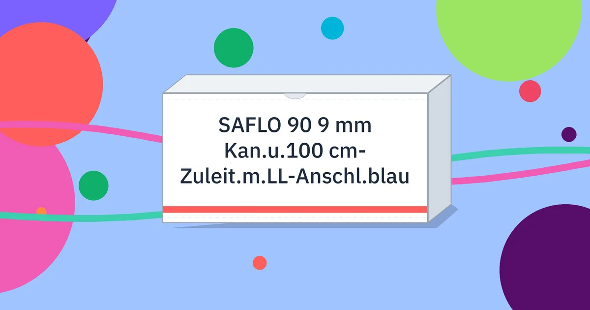 Symbolbild: Packung mit der Aufschrift SAFLO 90 9 mm Kan.u.100 cm-Zuleit.m.LL-Anschl.blau (PZN 13346131) – Verfügbarkeit und Bezug in Apotheken in Frankfurt am Main
