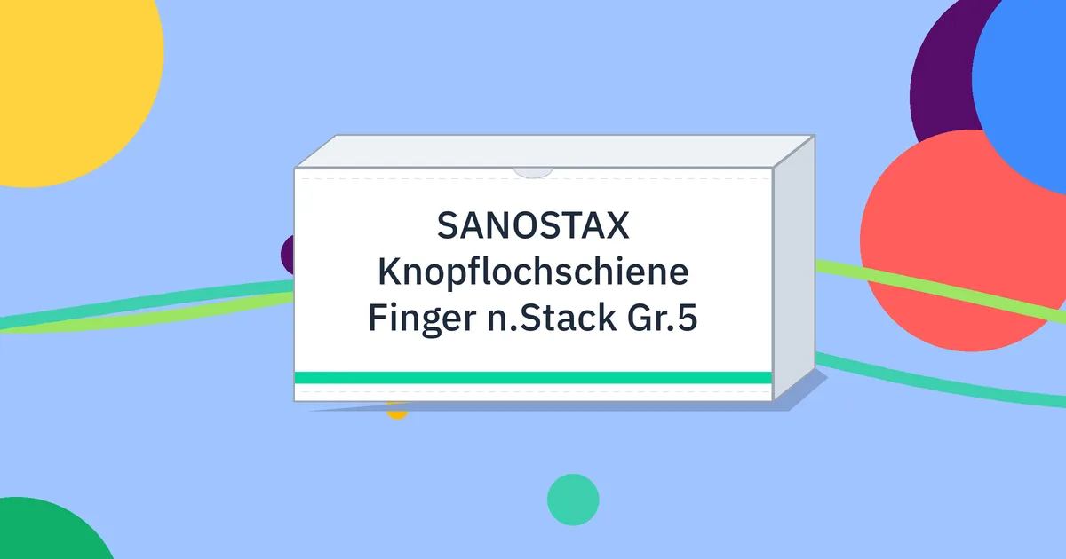 Symbolbild: Packung mit der Aufschrift SANOSTAX Knopflochschiene Finger n.Stack Gr.5 (PZN 15999995) – Verfügbarkeit und Bezug in Apotheken in Frankfurt am Main