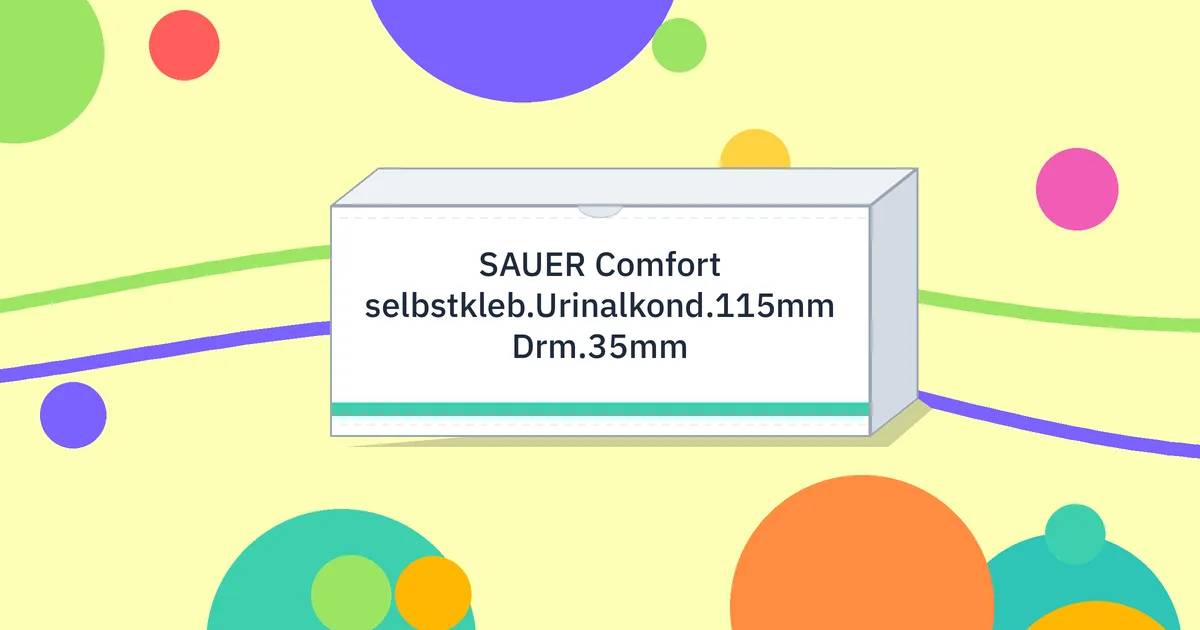 Symbolbild: Packung mit der Aufschrift SAUER Comfort selbstkleb.Urinalkond.115mm Drm.35mm (PZN 00464515) – Verfügbarkeit und Bezug in Apotheken in Frankfurt am Main