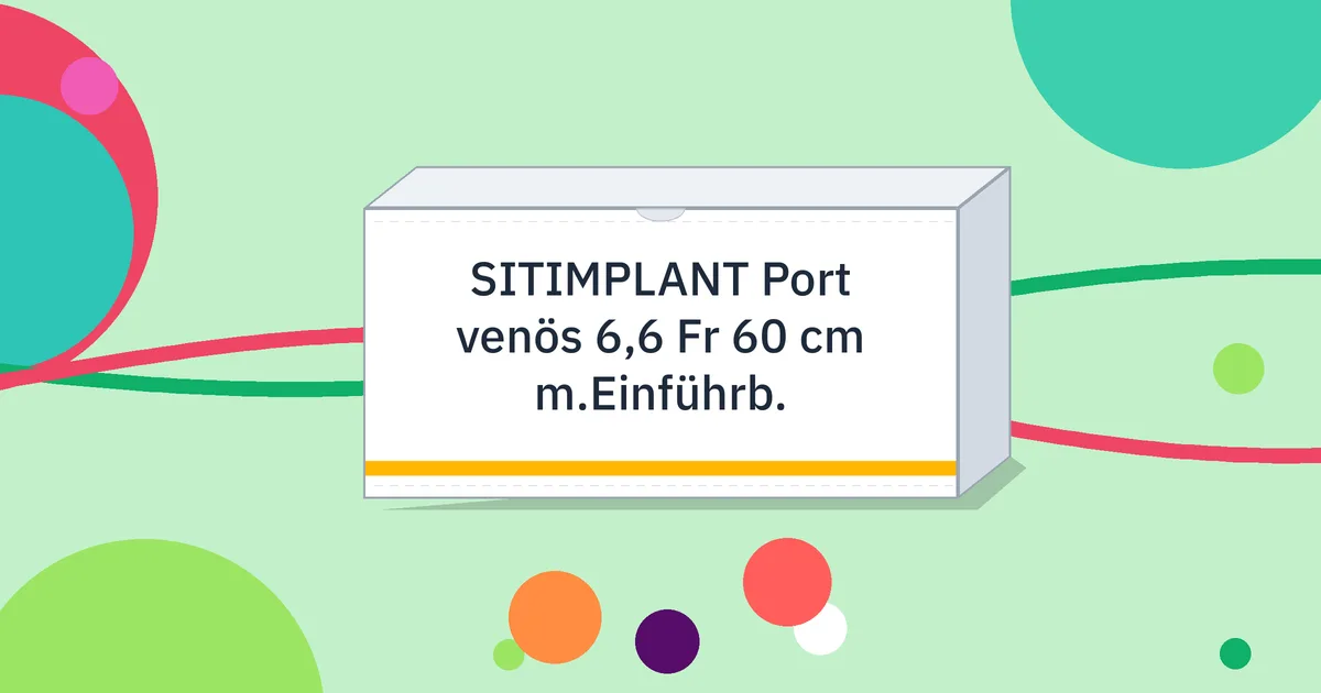 Symbolbild: Packung mit der Aufschrift SITIMPLANT Port venös 6,6 Fr 60 cm m.Einführb. (PZN 00989577) – Verfügbarkeit und Bezug in Apotheken in Frankfurt am Main