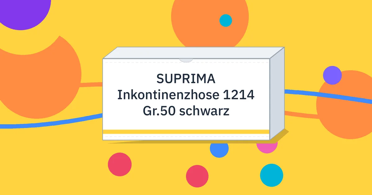 Symbolbild: Packung mit der Aufschrift SUPRIMA Inkontinenzhose 1214 Gr.50 schwarz (PZN 02853008) – Verfügbarkeit und Bezug in Apotheken in Frankfurt am Main
