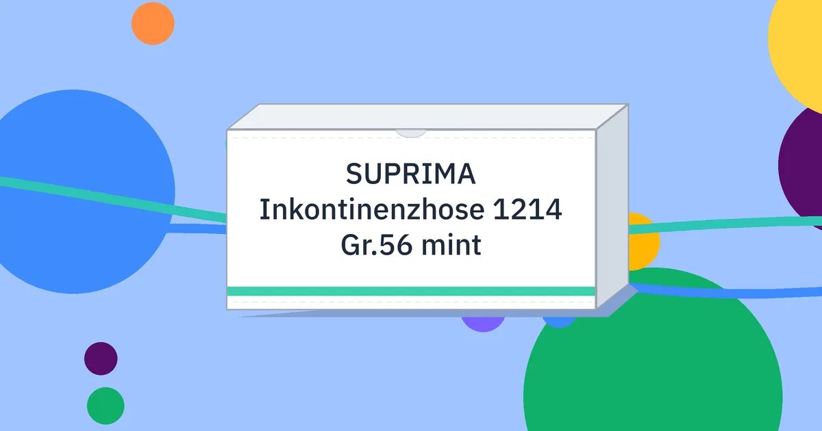 Symbolbild: Packung mit der Aufschrift SUPRIMA Inkontinenzhose 1214 Gr.56 mint (PZN 07633464) – Verfügbarkeit und Bezug in Apotheken in Frankfurt am Main