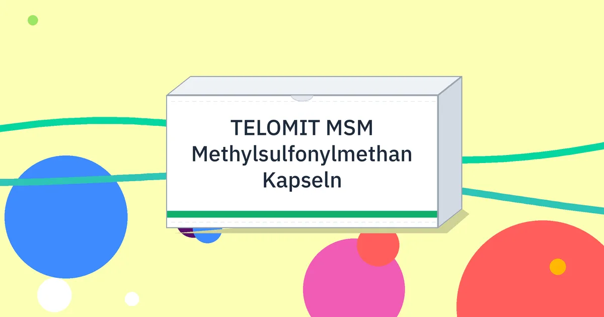 Symbolbild: Packung mit der Aufschrift TELOMIT MSM Methylsulfonylmethan Kapseln (PZN 20337871) – Verfügbarkeit und Bezug in Apotheken in Frankfurt am Main