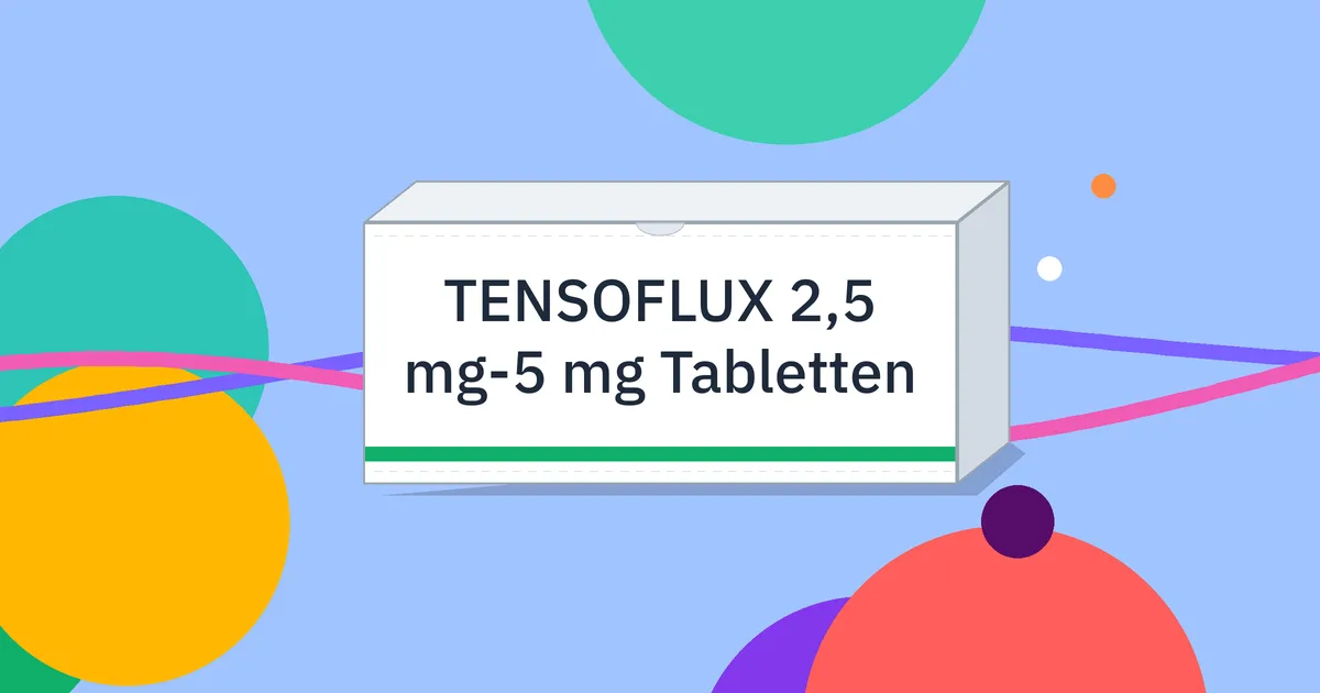 Symbolbild: Packung mit der Aufschrift TENSOFLUX 2,5 mg-5 mg Tabletten (PZN 03127965) – Verfügbarkeit und Bezug in Apotheken in Frankfurt am Main