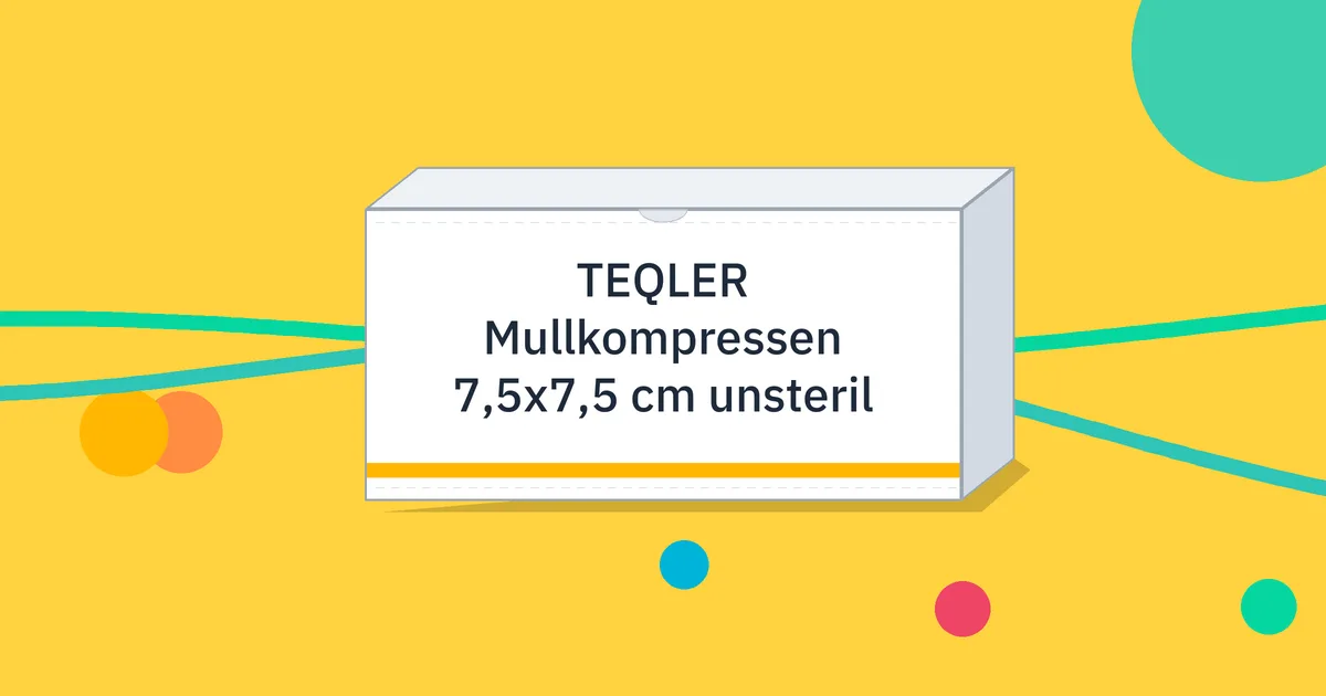 Symbolbild: Packung mit der Aufschrift TEQLER Mullkompressen 7,5x7,5 cm unsteril (PZN 19066102) – Verfügbarkeit und Bezug in Apotheken in Frankfurt am Main
