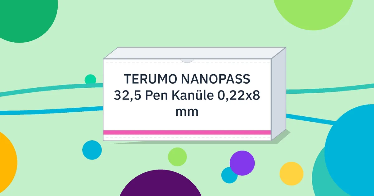 Symbolbild: Packung mit der Aufschrift TERUMO NANOPASS 32,5 Pen Kanüle 0,22x8 mm (PZN 13707244) – Verfügbarkeit und Bezug in Apotheken in Frankfurt am Main