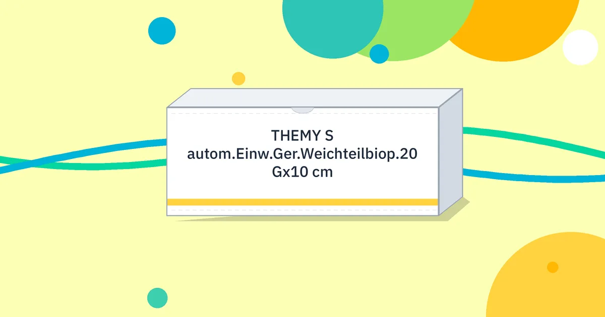 Symbolbild: Packung mit der Aufschrift THEMY S autom.Einw.Ger.Weichteilbiop.20 Gx10 cm (PZN 19738435) – Verfügbarkeit und Bezug in Apotheken in Frankfurt am Main
