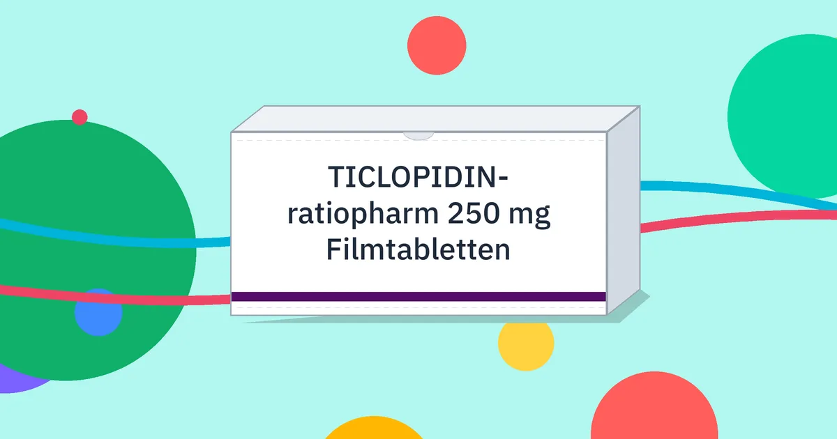 Symbolbild: Packung mit der Aufschrift TICLOPIDIN-ratiopharm 250 mg Filmtabletten (PZN 00189776) – Verfügbarkeit und Bezug in Apotheken in Frankfurt am Main
