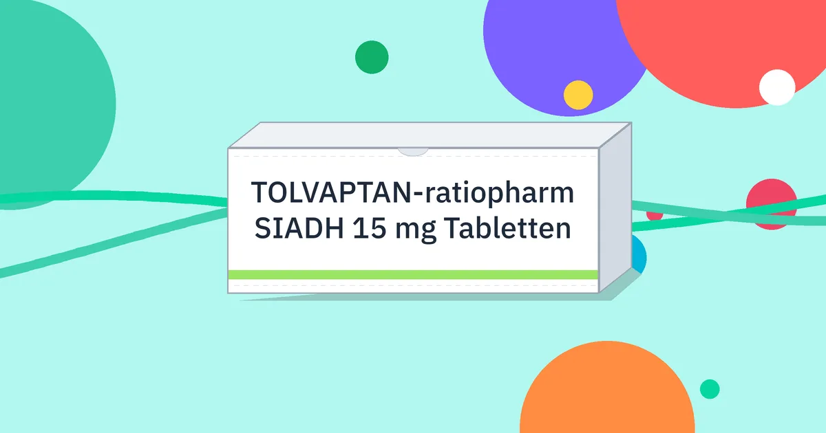 Symbolbild: Packung mit der Aufschrift TOLVAPTAN-ratiopharm SIADH 15 mg Tabletten (PZN 20650958) – Verfügbarkeit und Bezug in Apotheken in Frankfurt am Main