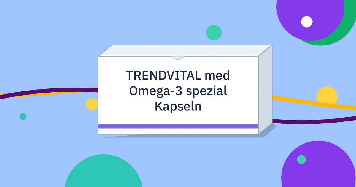 Symbolbild: Packung mit der Aufschrift TRENDVITAL med Omega-3 spezial Kapseln (PZN 12563139) – Verfügbarkeit und Bezug in Apotheken in Frankfurt am Main