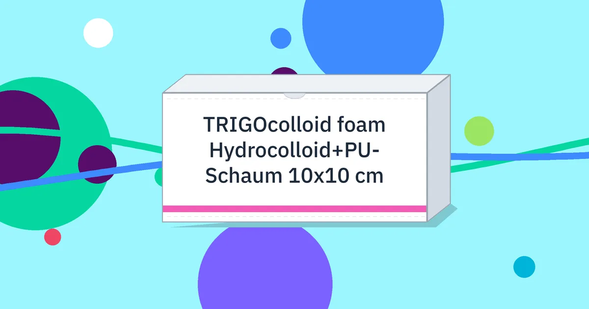 Symbolbild: Packung mit der Aufschrift TRIGOcolloid foam Hydrocolloid+PU-Schaum 10x10 cm (PZN 09944903) – Verfügbarkeit und Bezug in Apotheken in Frankfurt am Main