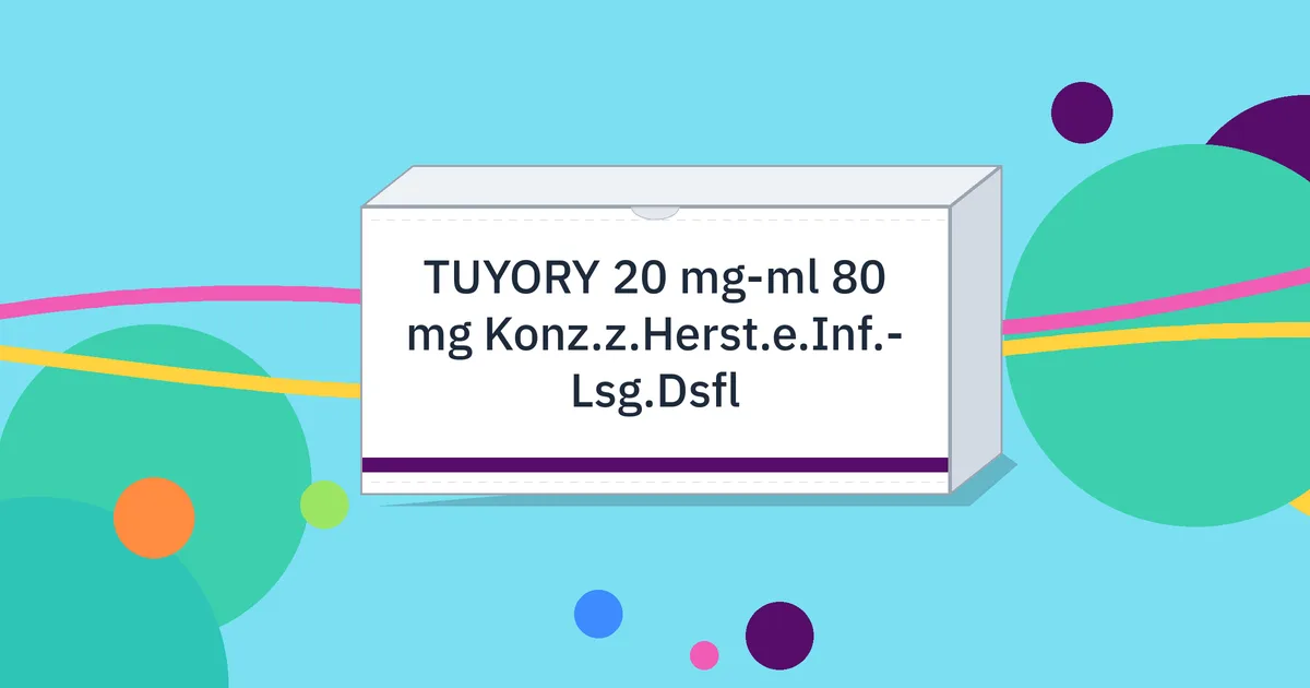Symbolbild: Packung mit der Aufschrift TUYORY 20 mg-ml 80 mg Konz.z.Herst.e.Inf.-Lsg.Dsfl (PZN 20634729) – Verfügbarkeit und Bezug in Apotheken in Frankfurt am Main