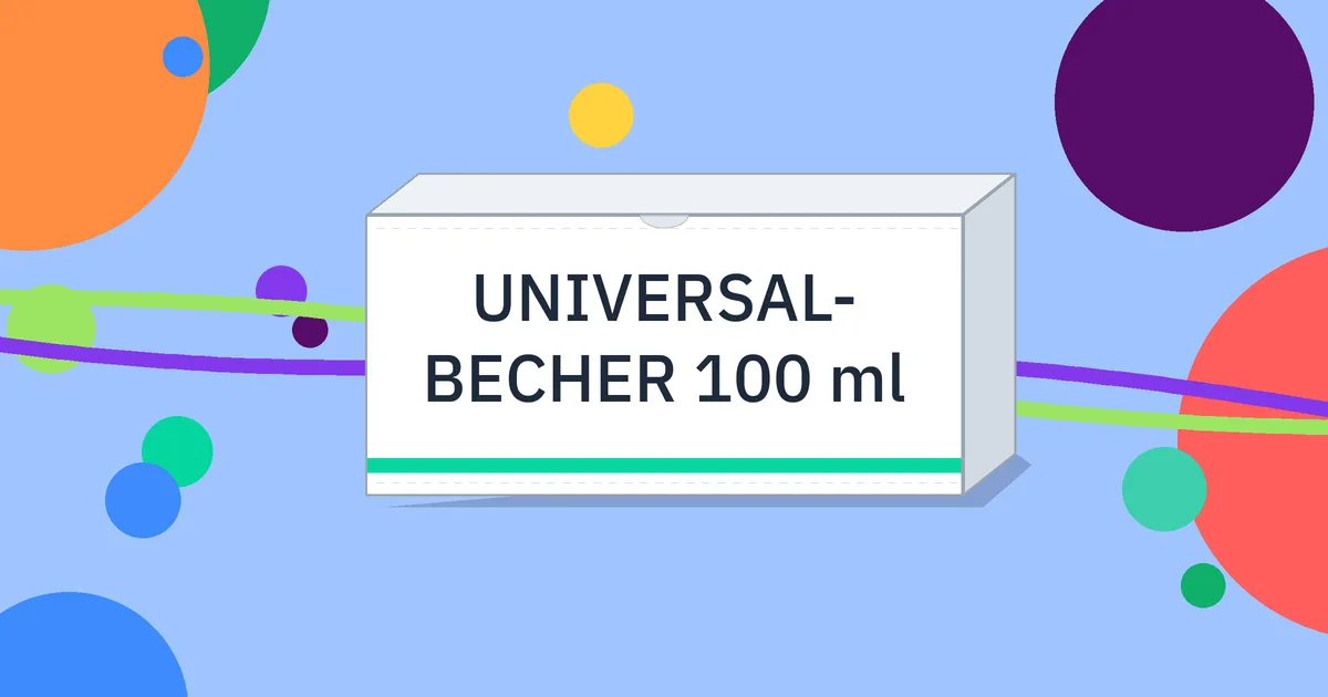 Symbolbild: Packung mit der Aufschrift UNIVERSAL-BECHER 100 ml (PZN 18704842) – Verfügbarkeit und Bezug in Apotheken in Frankfurt am Main