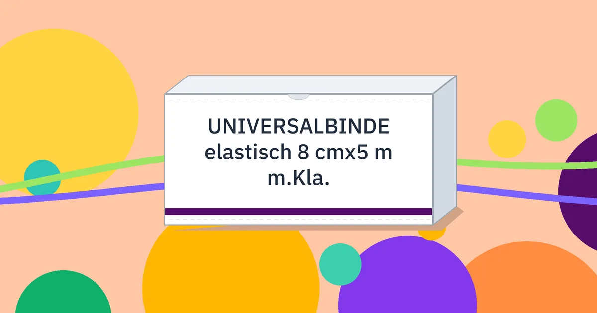 Symbolbild: Packung mit der Aufschrift UNIVERSALBINDE elastisch 8 cmx5 m m.Kla. (PZN 06932035) – Verfügbarkeit und Bezug in Apotheken in Frankfurt am Main