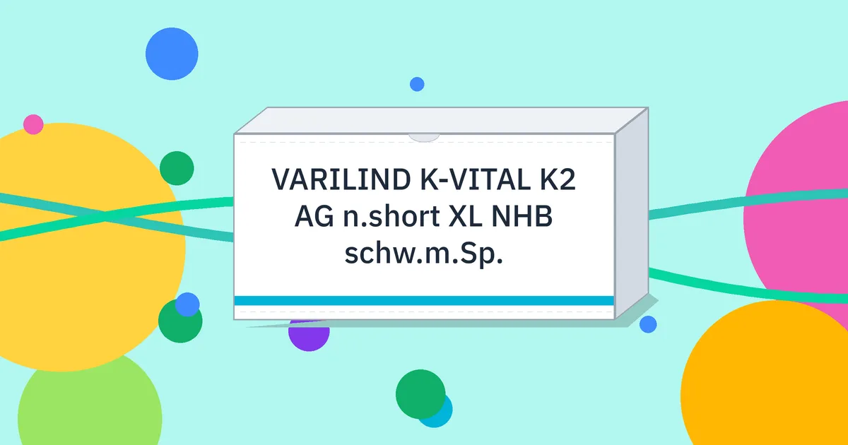 Symbolbild: Packung mit der Aufschrift VARILIND K-VITAL K2 AG n.short XL NHB schw.m.Sp. (PZN 20565052) – Verfügbarkeit und Bezug in Apotheken in Frankfurt am Main