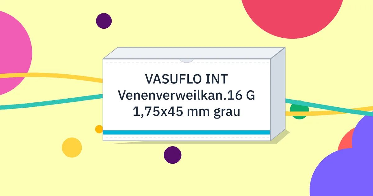 Symbolbild: Packung mit der Aufschrift VASUFLO INT Venenverweilkan.16 G 1,75x45 mm grau (PZN 18604951) – Verfügbarkeit und Bezug in Apotheken in Frankfurt am Main