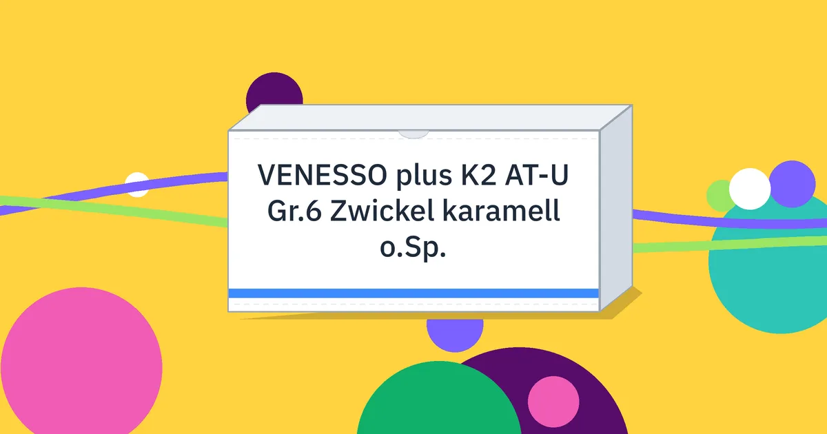Symbolbild: Packung mit der Aufschrift VENESSO plus K2 AT-U Gr.6 Zwickel karamell o.Sp. (PZN 13759962) – Verfügbarkeit und Bezug in Apotheken in Frankfurt am Main