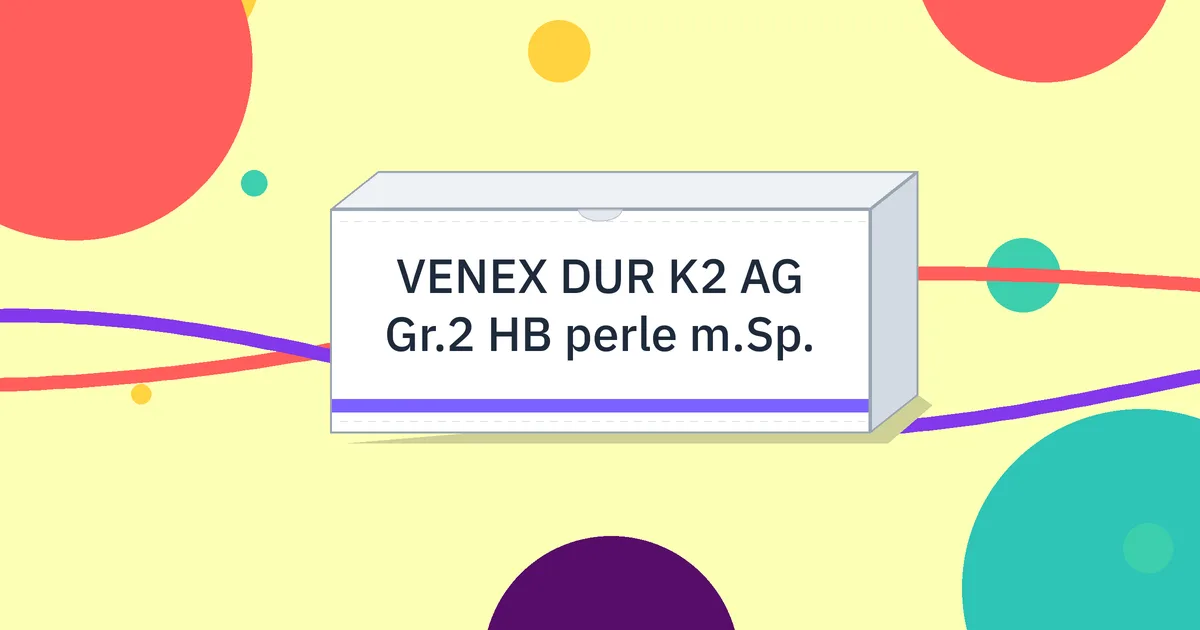 Symbolbild: Packung mit der Aufschrift VENEX DUR K2 AG Gr.2 HB perle m.Sp. (PZN 03218403) – Verfügbarkeit und Bezug in Apotheken in Frankfurt am Main