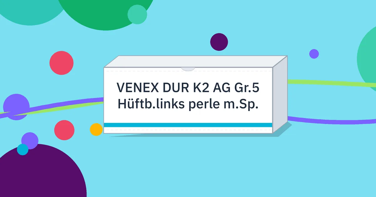 Symbolbild: Packung mit der Aufschrift VENEX DUR K2 AG Gr.5 Hüftb.links perle m.Sp. (PZN 03225768) – Verfügbarkeit und Bezug in Apotheken in Frankfurt am Main