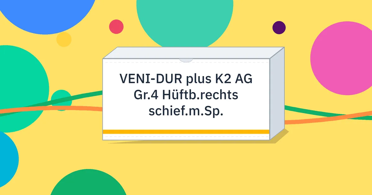 Symbolbild: Packung mit der Aufschrift VENI-DUR plus K2 AG Gr.4 Hüftb.rechts schief.m.Sp. (PZN 03256326) – Verfügbarkeit und Bezug in Apotheken in Frankfurt am Main