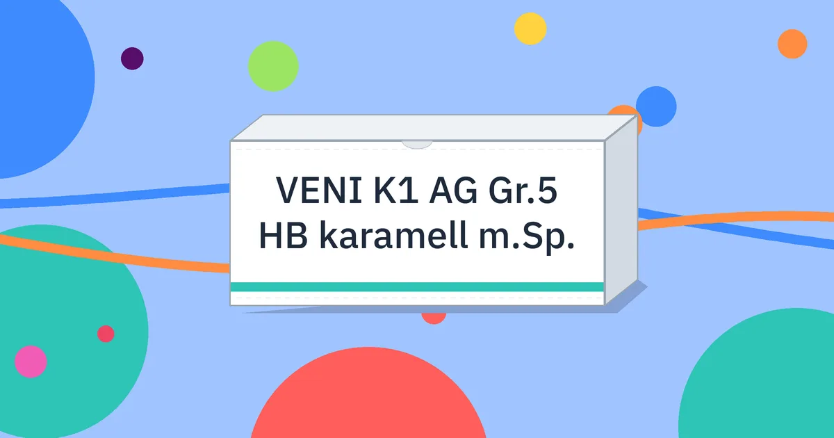 Symbolbild: Packung mit der Aufschrift VENI K1 AG Gr.5 HB karamell m.Sp. (PZN 13756403) – Verfügbarkeit und Bezug in Apotheken in Frankfurt am Main