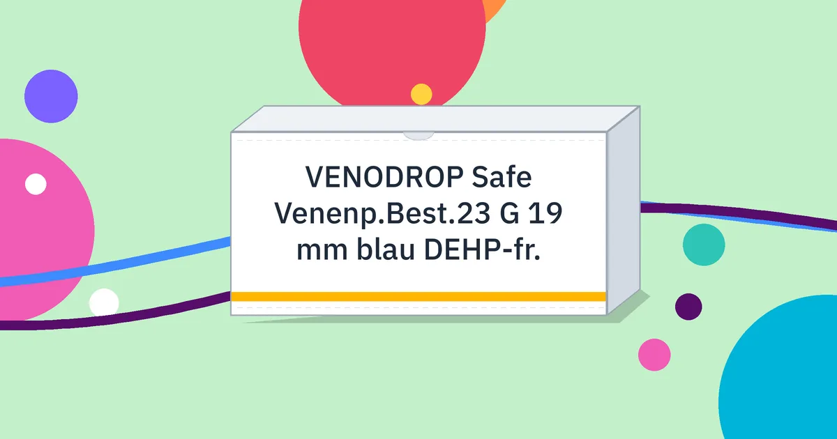 Symbolbild: Packung mit der Aufschrift VENODROP Safe Venenp.Best.23 G 19 mm blau DEHP-fr. (PZN 15405145) – Verfügbarkeit und Bezug in Apotheken in Frankfurt am Main