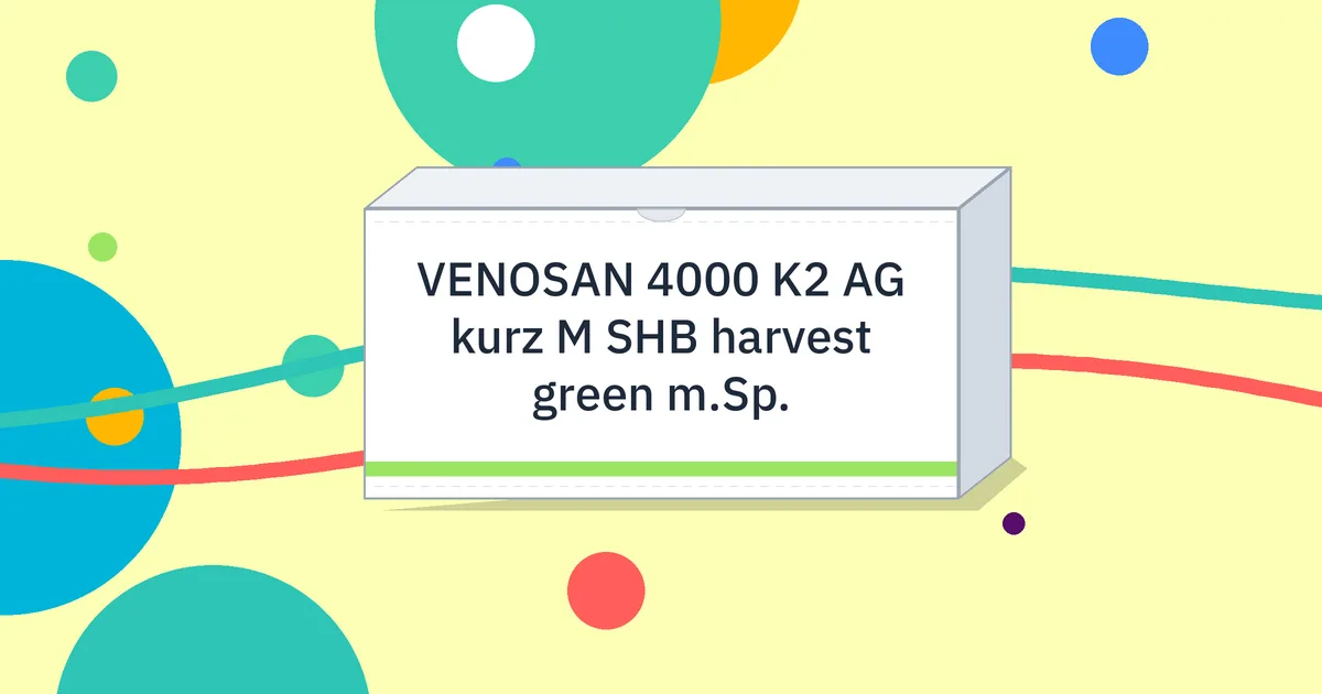 Symbolbild: Packung mit der Aufschrift VENOSAN 4000 K2 AG kurz M SHB harvest green m.Sp. (PZN 18847777) – Verfügbarkeit und Bezug in Apotheken in Frankfurt am Main